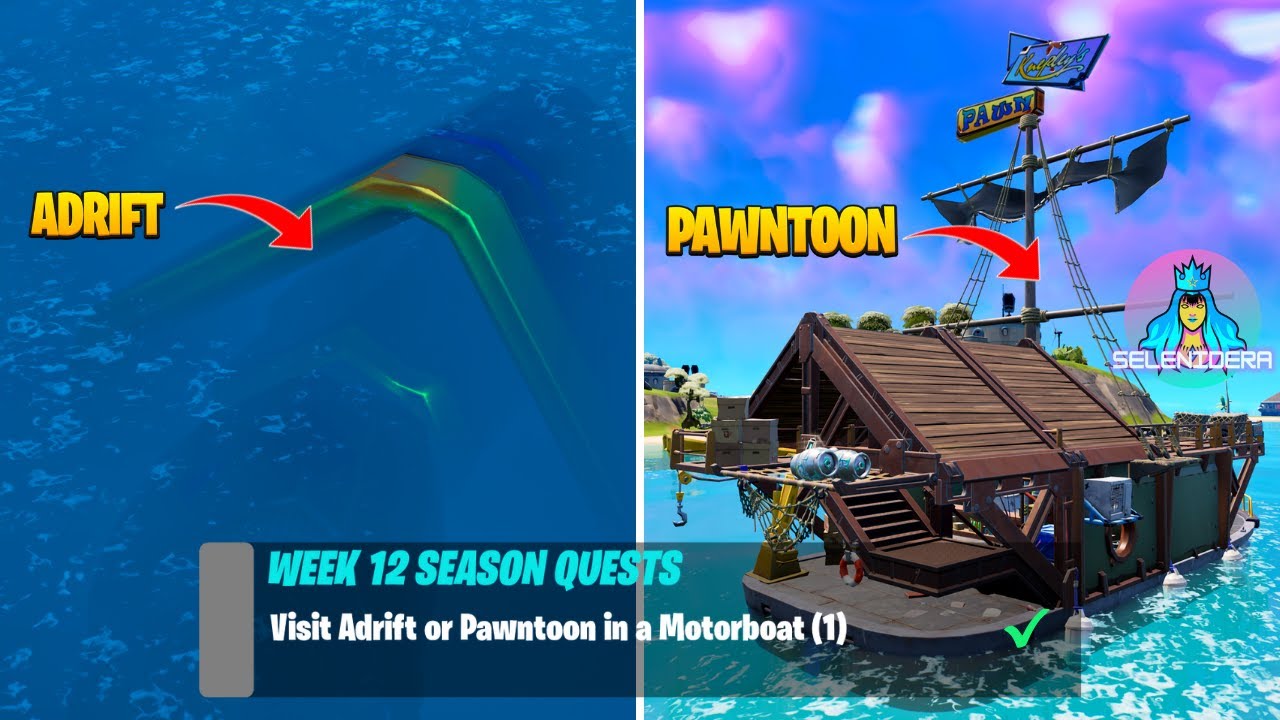 Visit Adrift or Pawntoon in a Motorboat (1) | Fortnite Week 12 Season ...