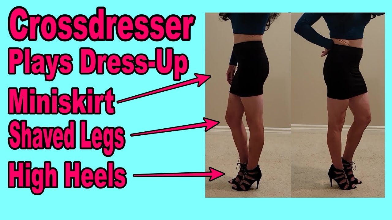 Crossdresser Plays Dress Up Miniskirt High Heels Shaved Legs Crop Top Short Skirt Tight