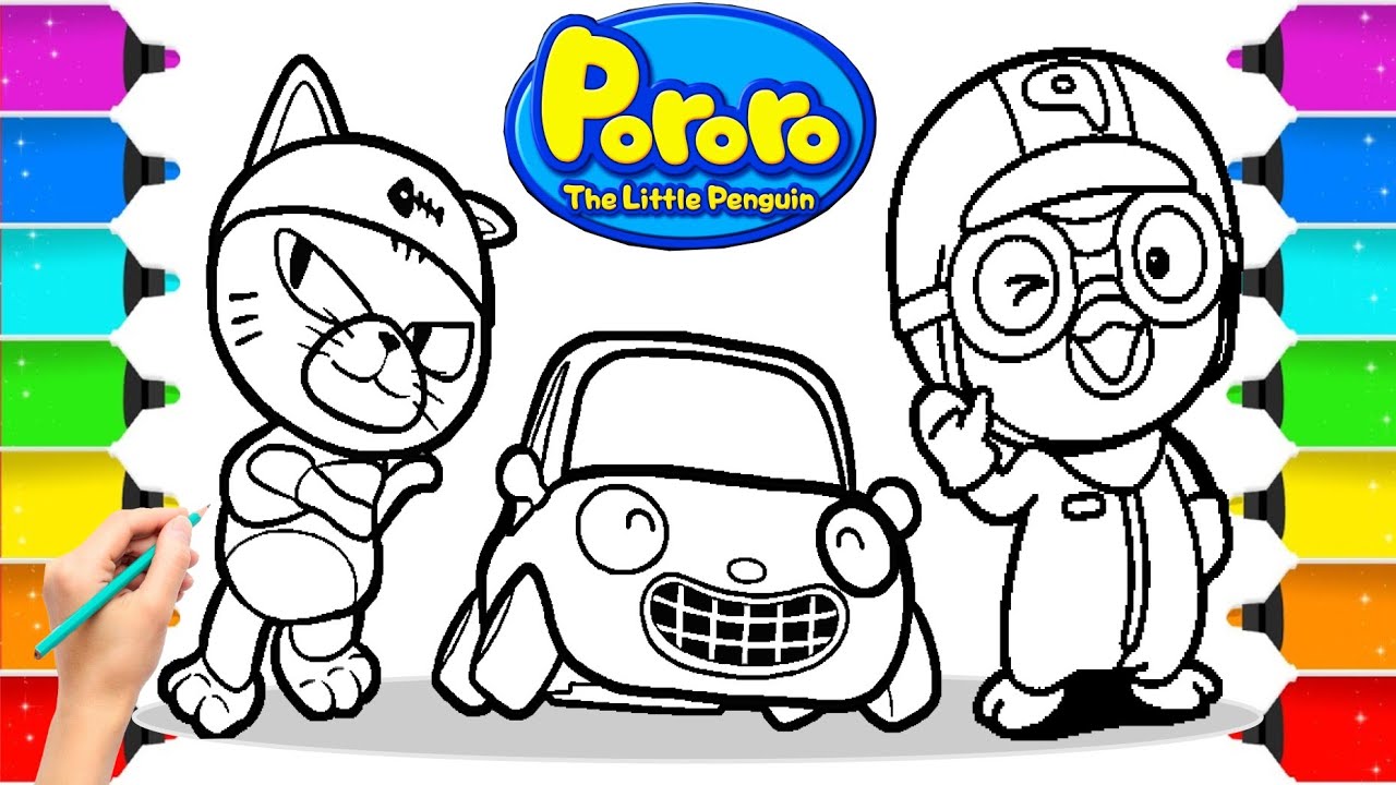 Drawing, Coloring Pororo the little penguin, Nyao,Tutu dan Pororo ...