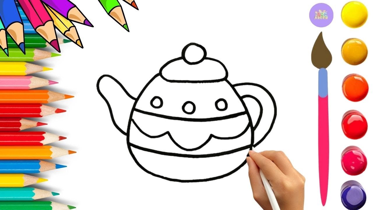 How To Draw cute Tea Pot Drawing, Painting & Coloring For Kids and ...