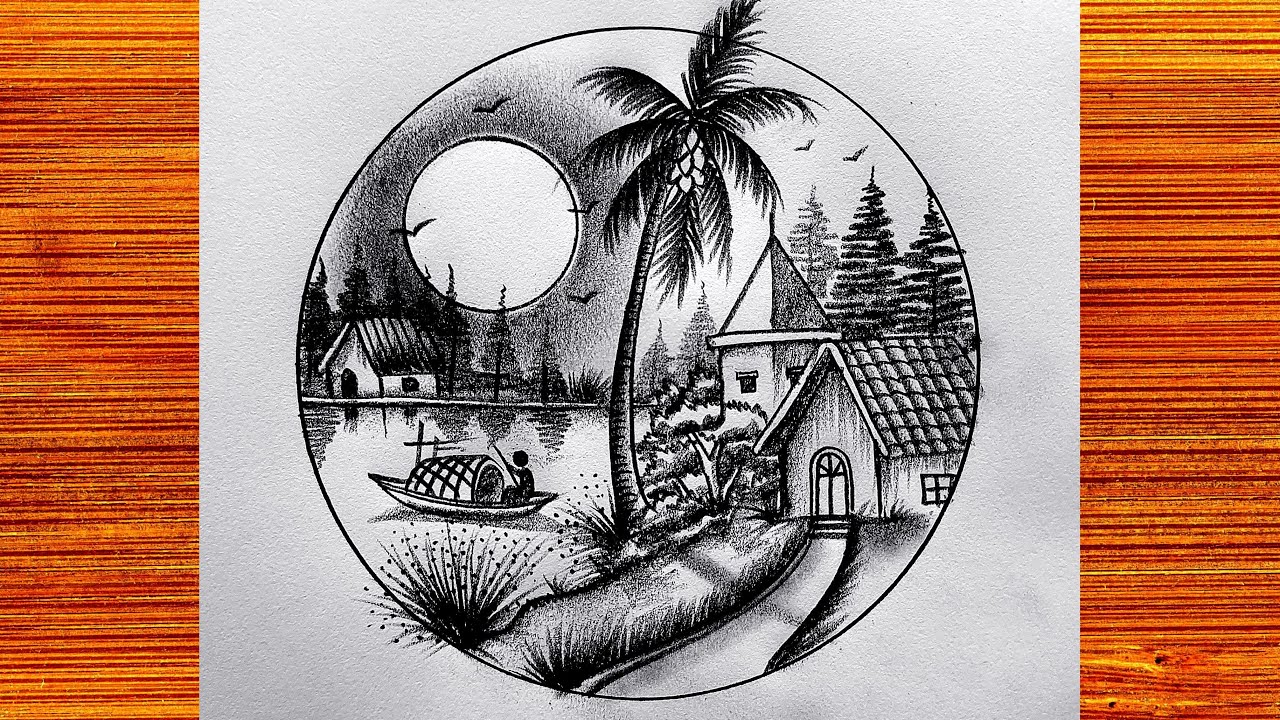 How to drawing riverside house scenery in circle - YouTube