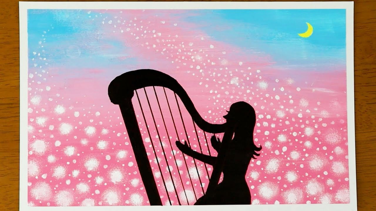 The Sound of a Harp Echoes in the Sky/Girl and Harp/Acrylic Painting ...