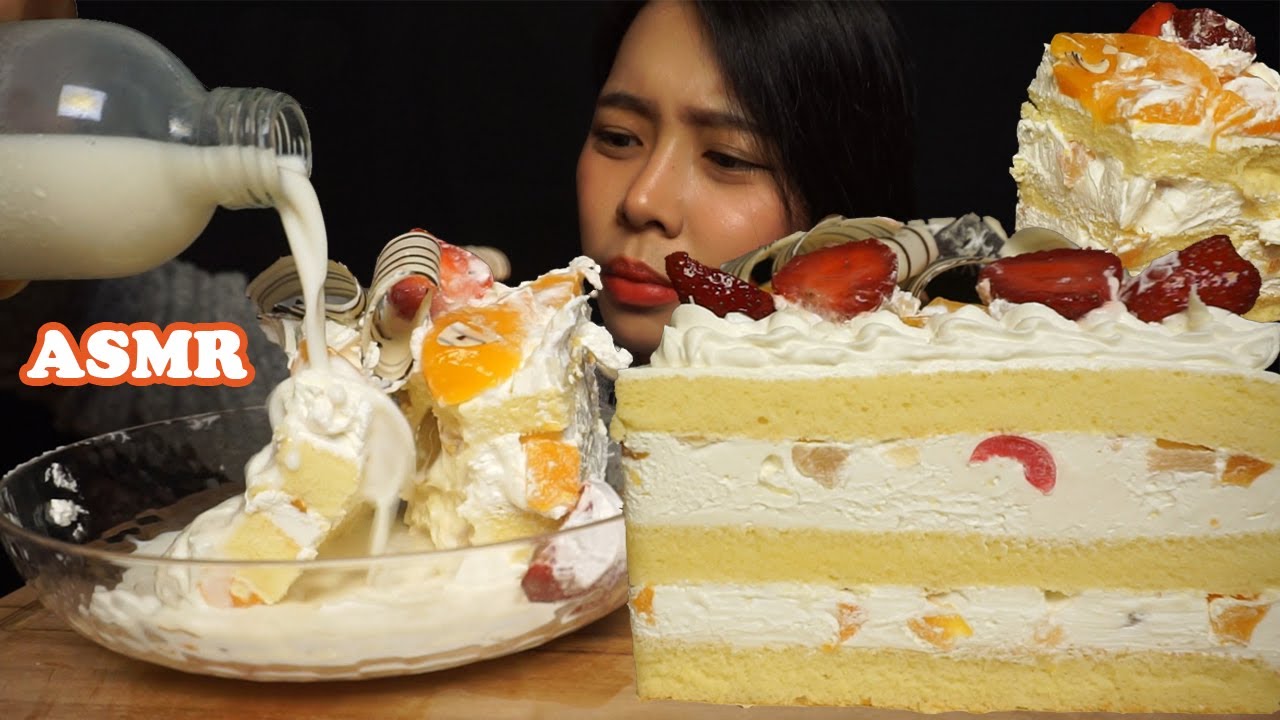 ASMR Chantilly Cake (Fresh Fruits Cream Cake) with MILK 💦 | Refreshing Soft Crunchy Eating ...