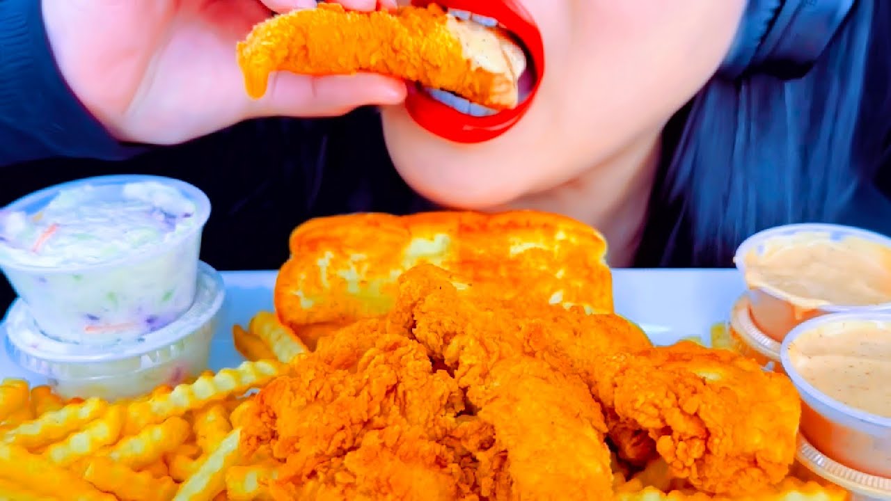 Mukbang, Crispy Boneless Chicken, French Fries with Sauce, Eating Food ...