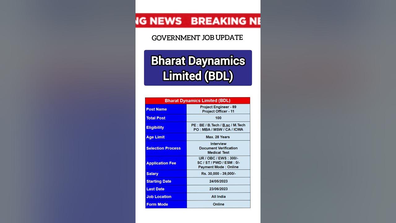 Bharat Dynamics Limited Bharti 2023 | BDL Recruitment 2023 #job #bdl - YouTube
