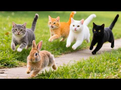 Çimenlerin üzerinde yavru tavşanları kovalayan sevimli yavru kediler - Kedi sesleri - Kedi videoları
