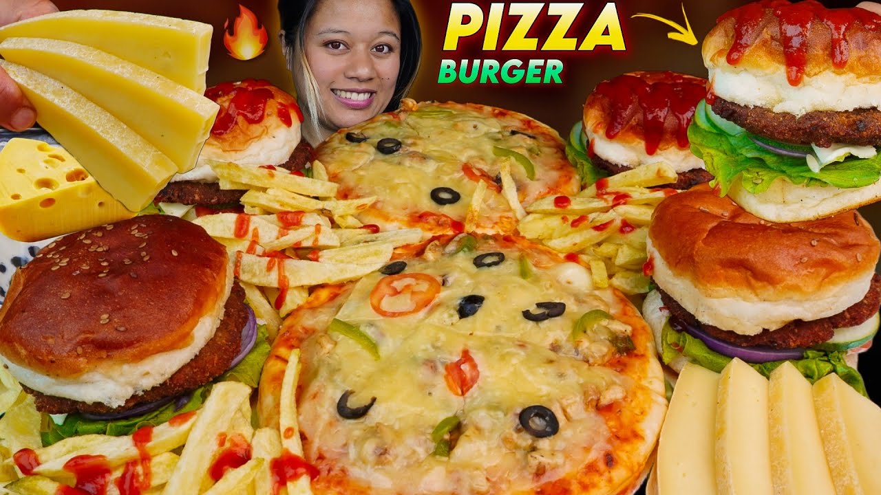 Eating Cheese Slices, Cheesy Chicken Pizza and juicy Burger with fries ...