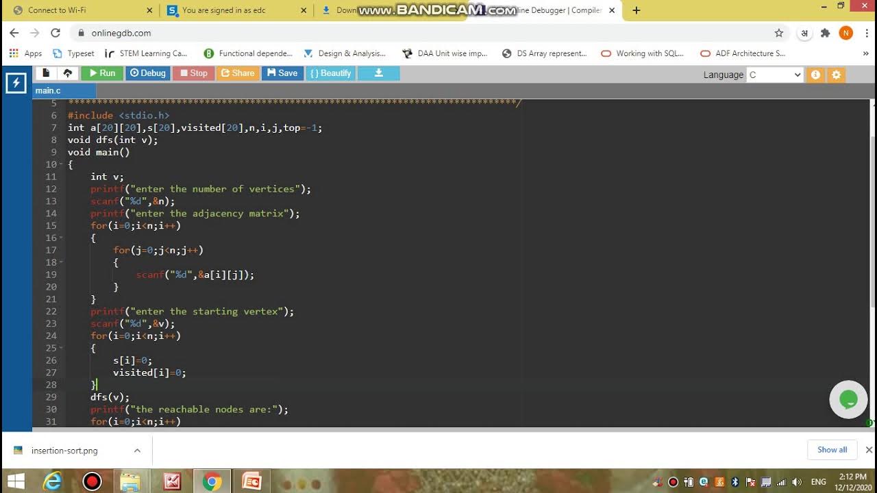 DFS using adjacency matrix - YouTube