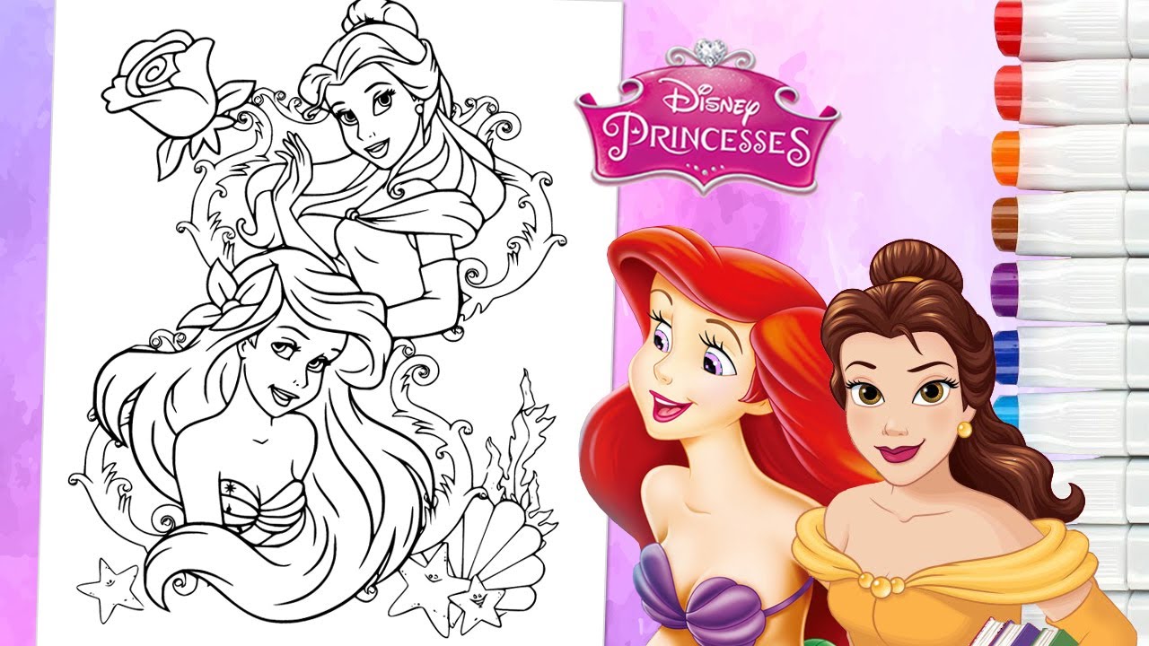 Colouring Disney Princesses | Colour Princess Ariel and Belle. - YouTube