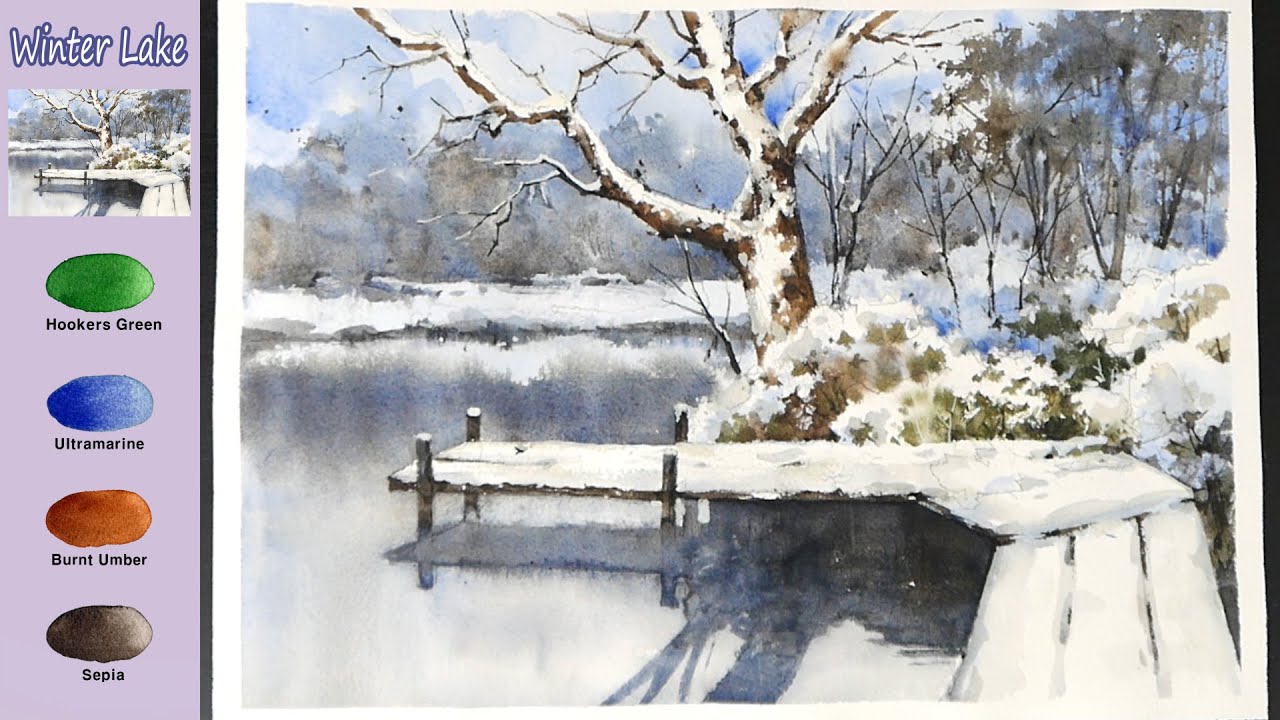 Only 4 Colors Landscape Watercolor - Winter Lake (sketch & color name ...