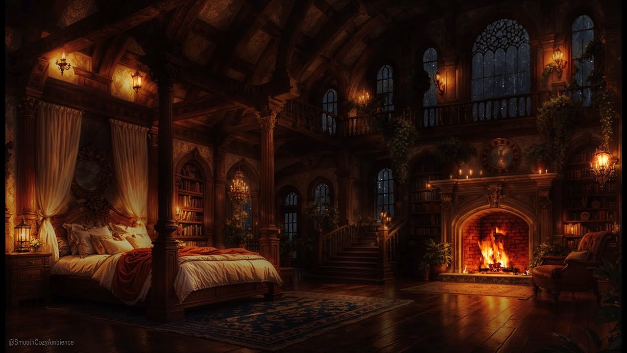 Romantic Night In A Cozy Castle - Cozy Fireplace With Rain ...