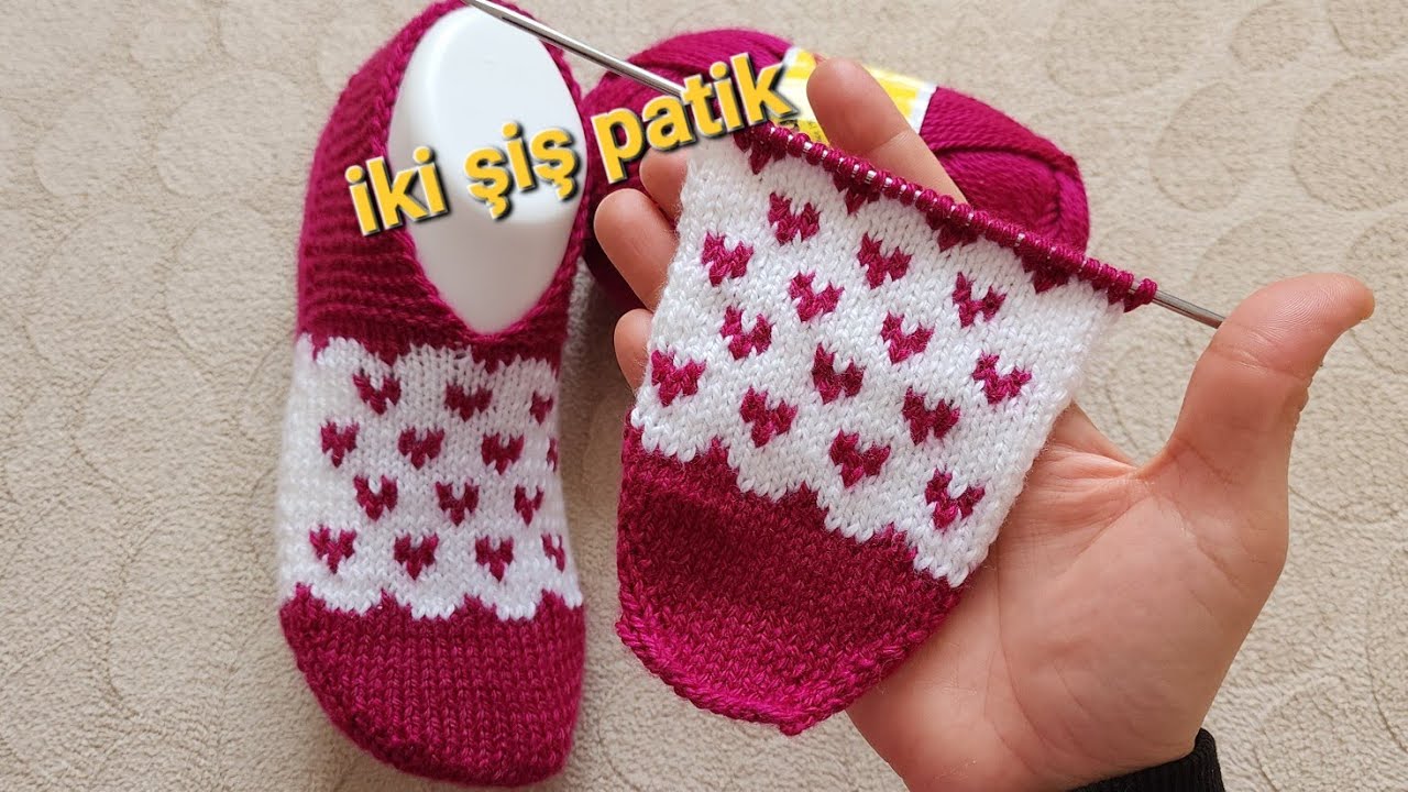 İki şiş kalpli patik ️ Beşşiş görünümlü dikişsiz iki şiş patik ️ # ...