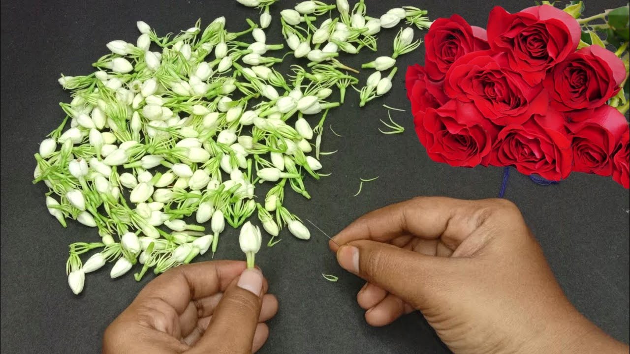 2 Beautiful Bridal garland making using jasmine and red rose petals ...