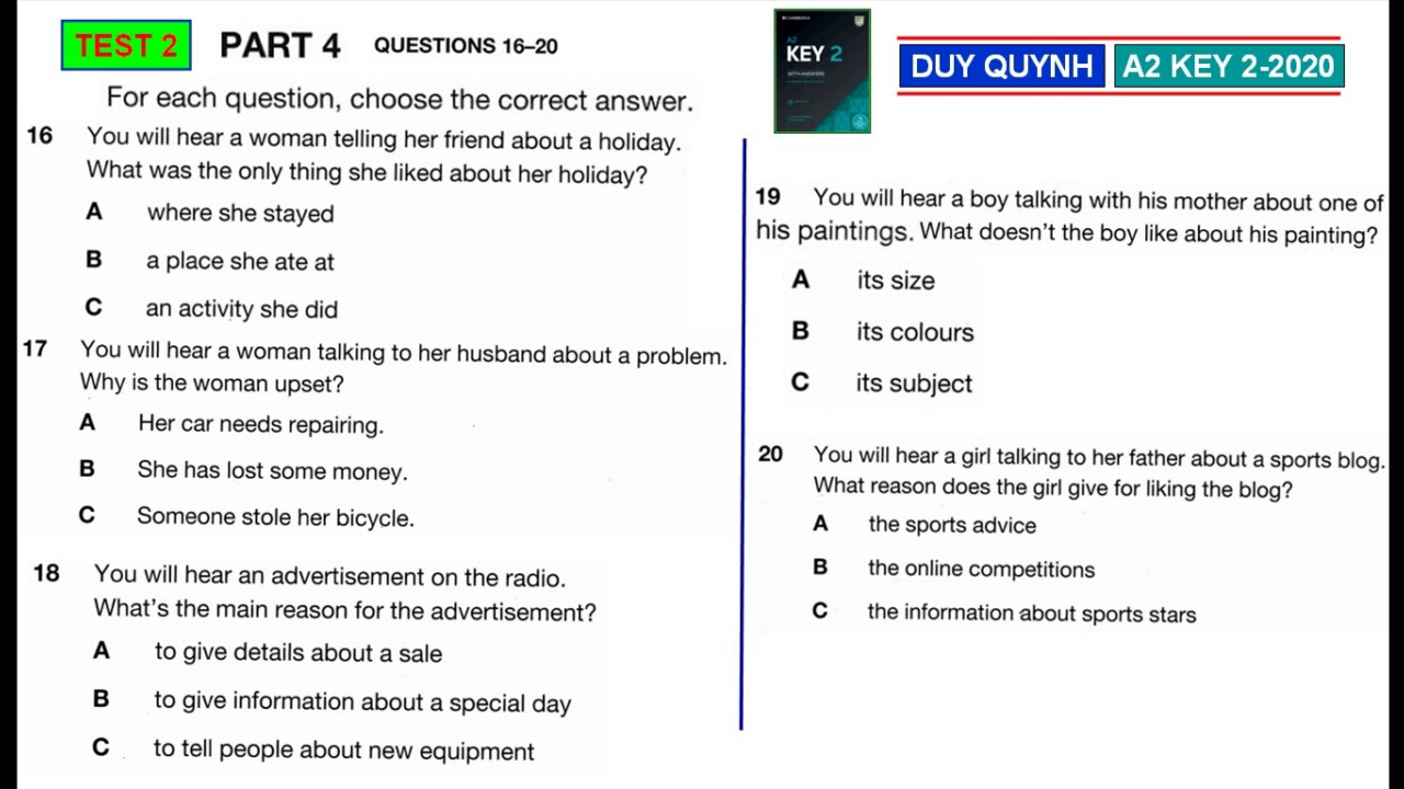 A2 KEY 2 - AUTHENTIC PRACTICE TESTS 2020 - TEST 2 PART 4 #a2key2 # ...