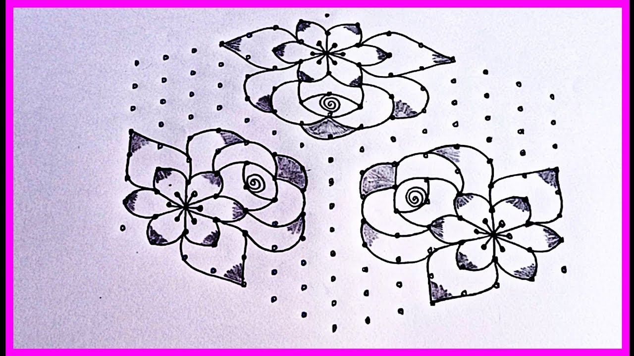 15*8 dots rangoli|beautiful rose 🌹 flowers rangoli|easy beautiful kolam ...