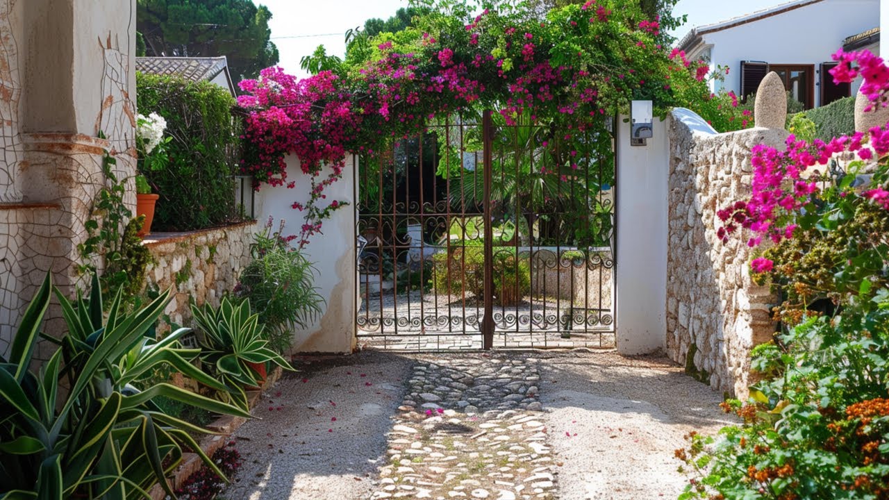Stunning Mediterranean Garden Gate with Bougainvillea Arch | Tranquil ...