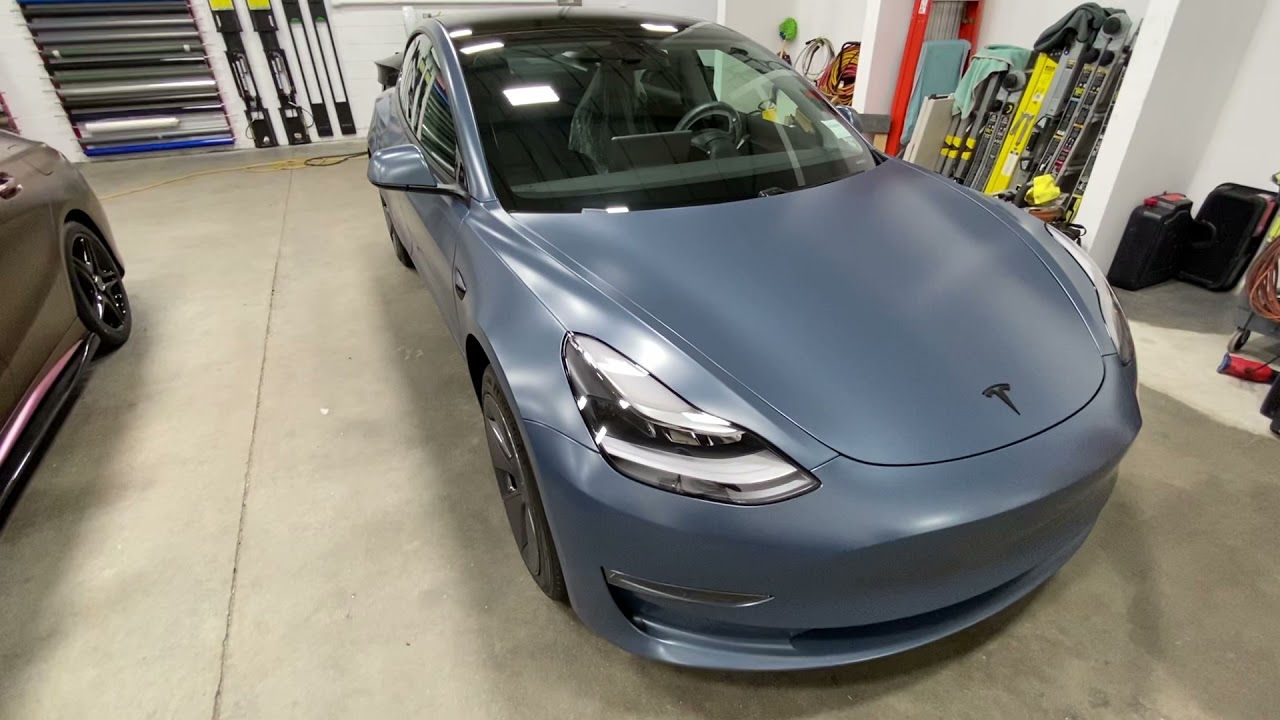 Tesla model 3 wrapped in 3M 2080 Series Satin Thundercloud - YouTube