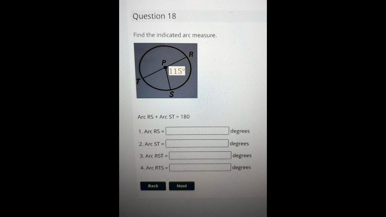 [Math] Find the indicated arc measure R P 1159 S Arc RS + Arc ST = 180 ...