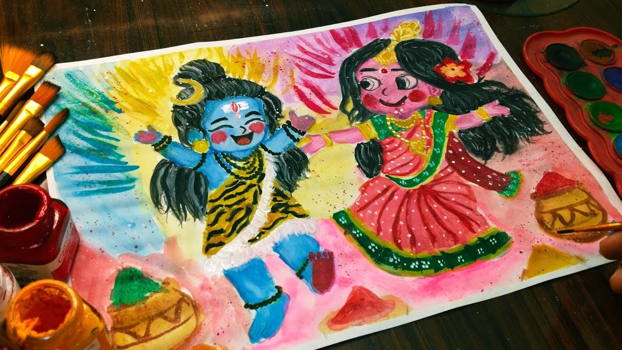 Cute Little Shiv Parvati Drawing/Shiv Parvati Playing Holi/Shiv Parvati ...