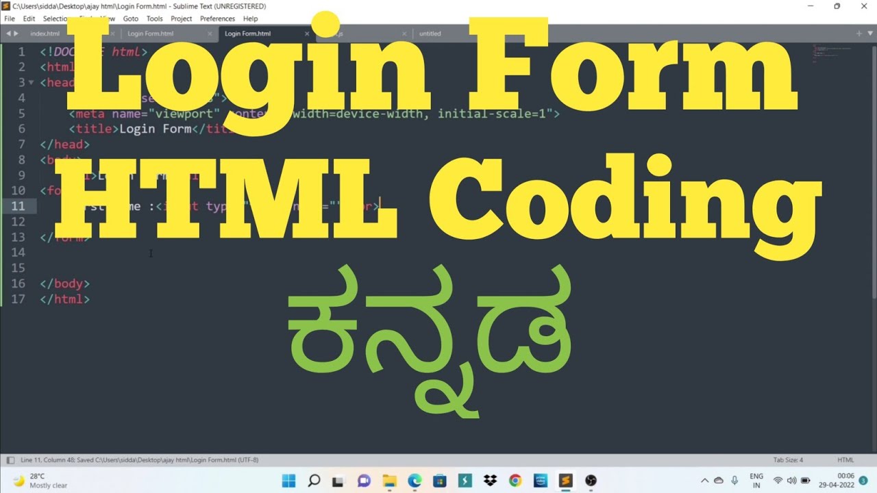 Login Form HTML Coding And Website Designing (Kannada) - YouTube