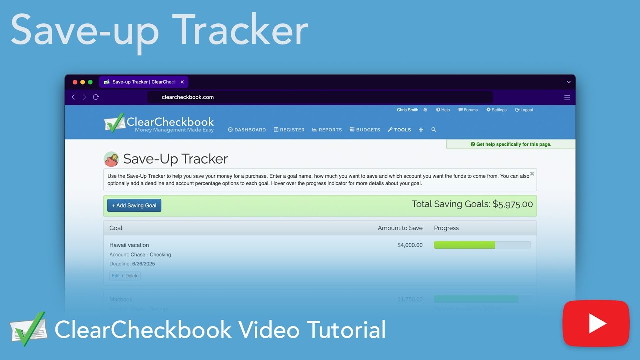Save-up Tracker for tracking goals - ClearCheckbook - YouTube