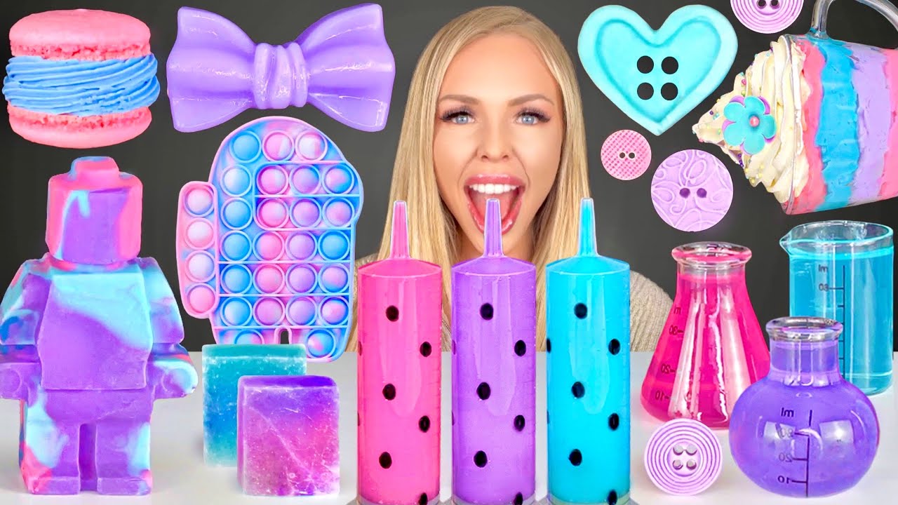 ASMR PURPLE PINK BLUE WATER DRINKING SOUNDS, MOUSSE CAKE JELLY MUKBANG ...