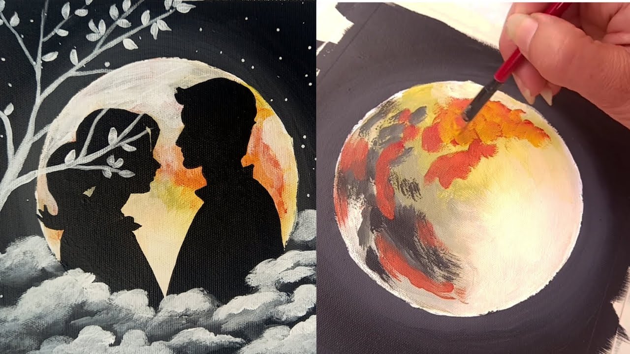 How to draw a romantic couple in full moon scenery.acrylic painting ...