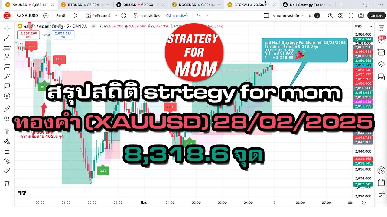 สรุปสถิติ strategy for mom 28/02/2025 XAUUSD TF 5M สัญญาณขึ้น 10 ไม้ 8 ...
