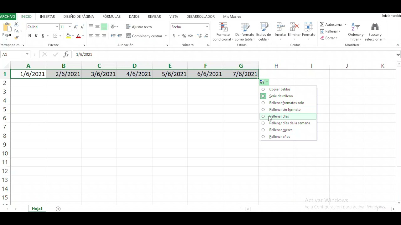 Utilizando el autorrelleno de Excel con formato de fechas (opciones ...