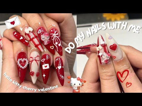 do my nails with me ˚ ༘♡ ⋆｡˚ hello kitty cherry valentine's day themed 🍒💌