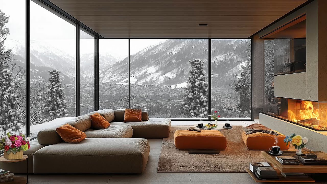 Calming Jazz in a Calming Living Room for Relaxing Snow Sounds and ...