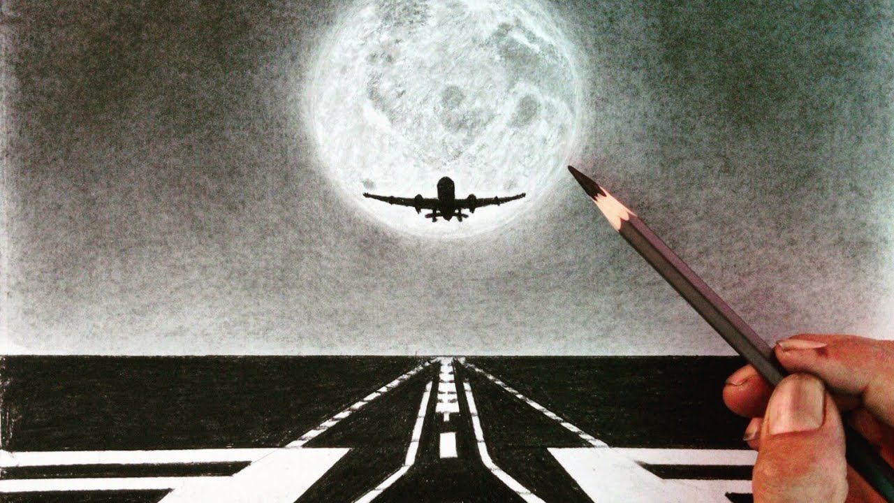 Pencil drawing night mode airplane takeoff landscape easy ways ...