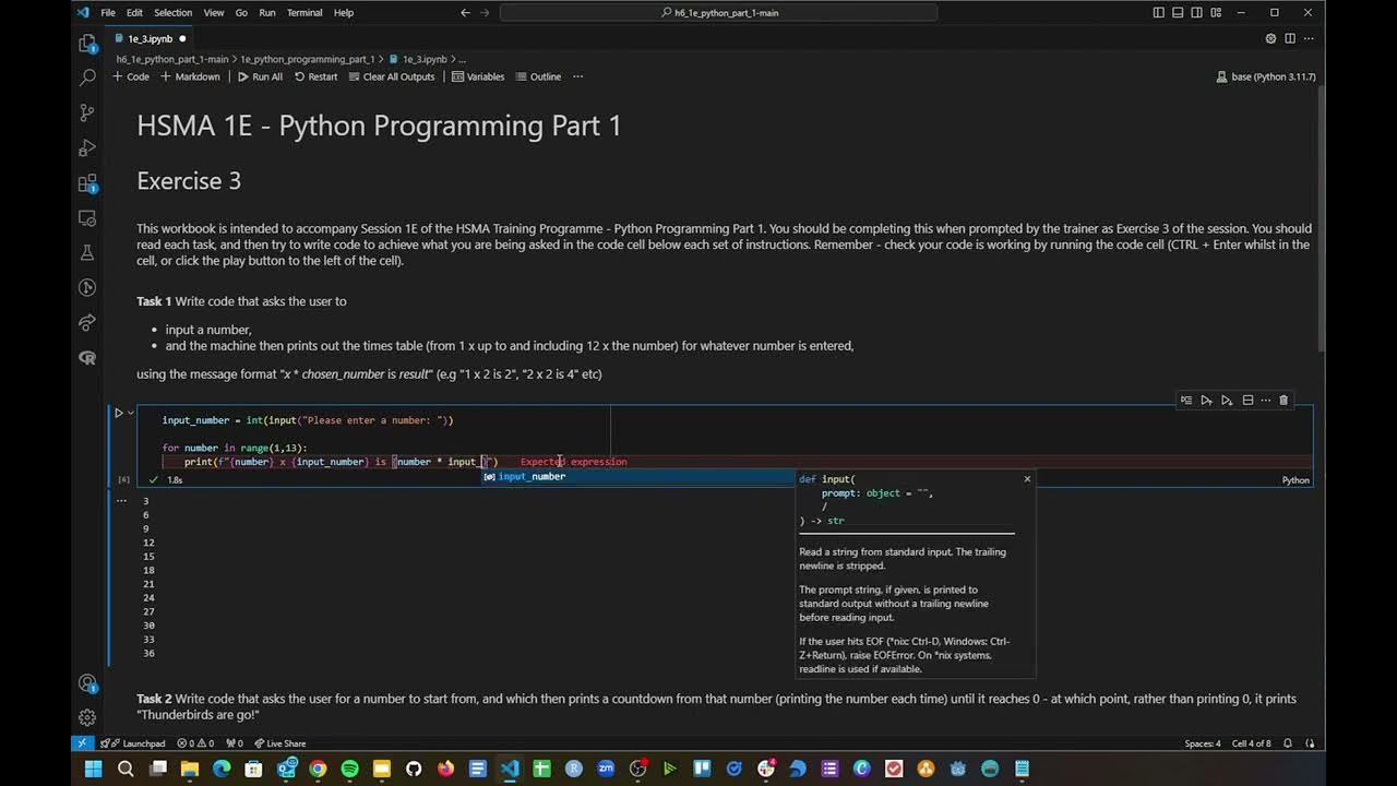 HSMA 1E - Intro to Python Part 1 - Exercise 3 (for loops and while loops) - Solution - YouTube