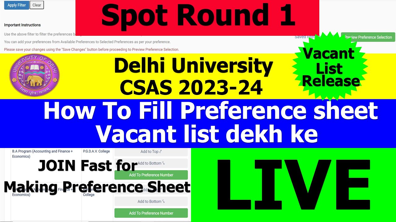 Spot Round 1 Du Csas 2023 How To Fill Preference Sheet Live Cuet