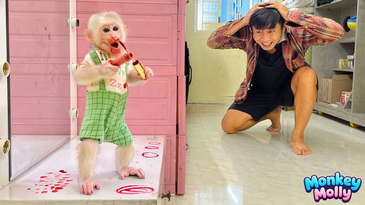 Unbelievable! Monkey Molly plays with lipstick and scares the hell out ...