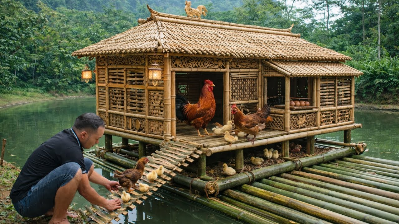 How to Build a Floating Chicken Coop Raft Using 15 Bamboo Trees | Full ...