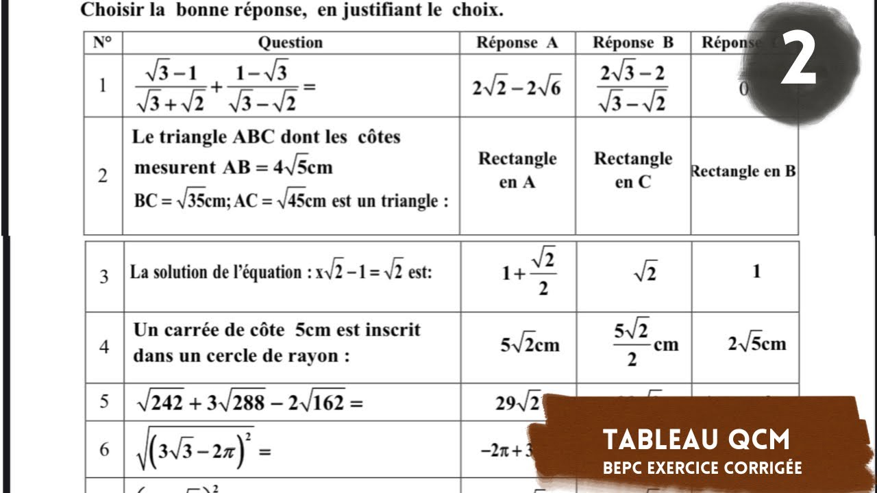 BEPC exercices corrigée : tableau partie 2 - YouTube