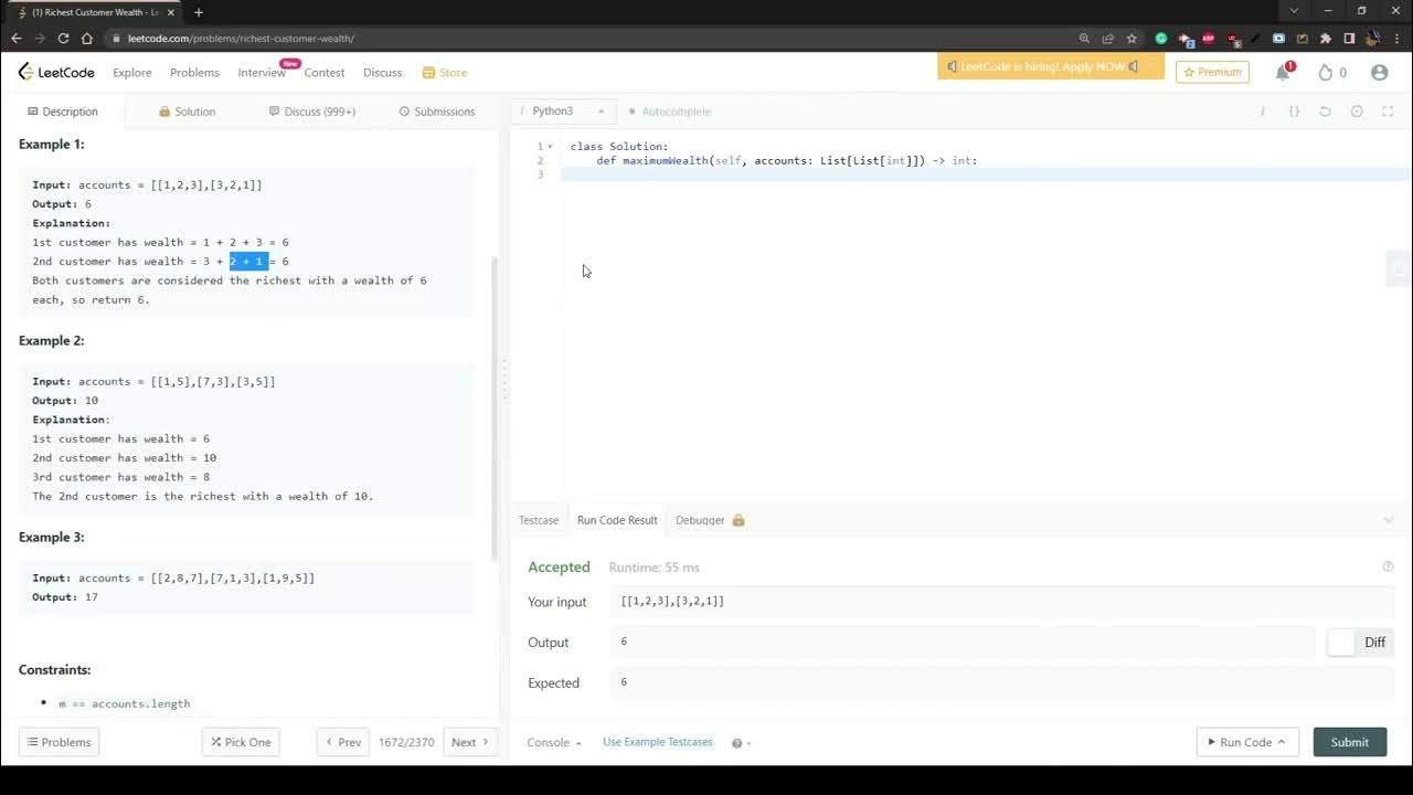 Python: leetcode 1672- Richest Customer Wealth - YouTube