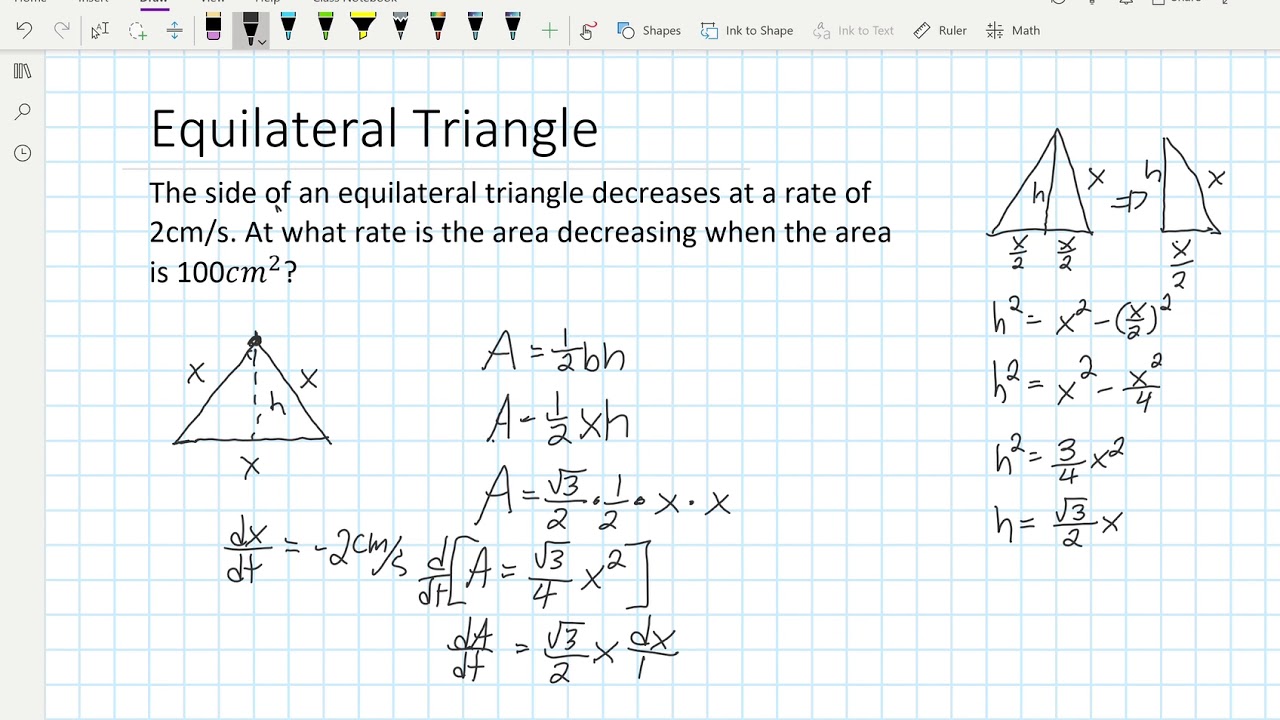 Equilateral triangle related rates - YouTube
