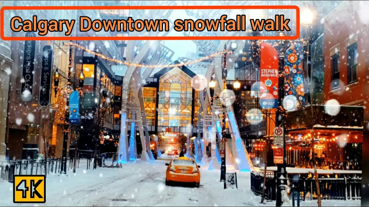 Calgary snowfall and ice cold night walk in downtown Calgary, alberta ...