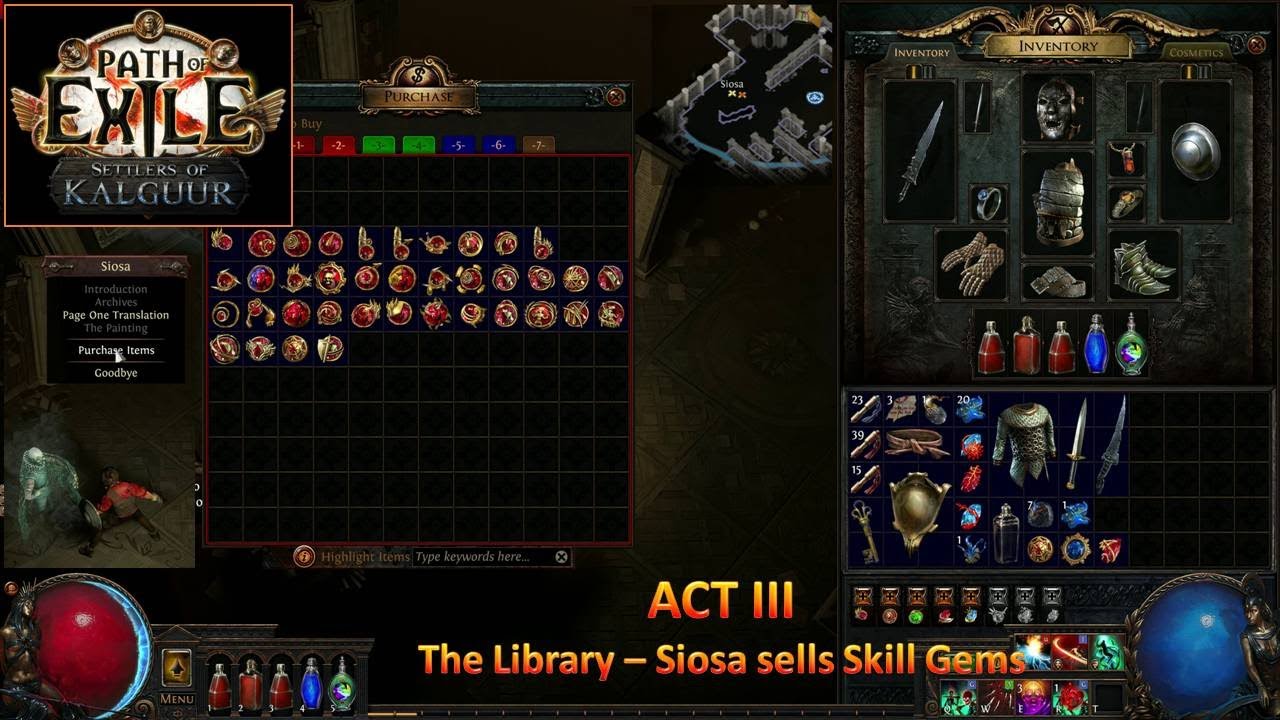 Path of Exile - ACT III - The Library - Siosa sells Skill Gems - YouTube