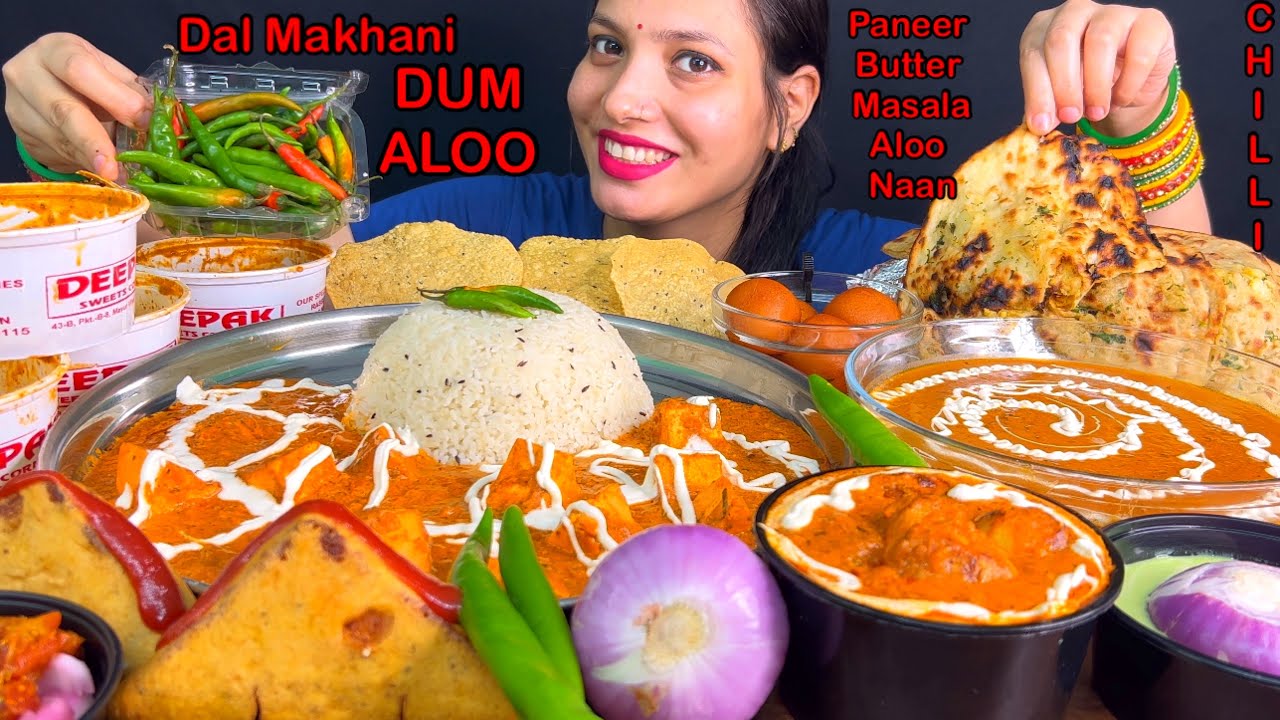 Eating Spicy🔥 Paneer Butter Masala, Dum Aloo, Dal Makhani, Jeera Rice ...