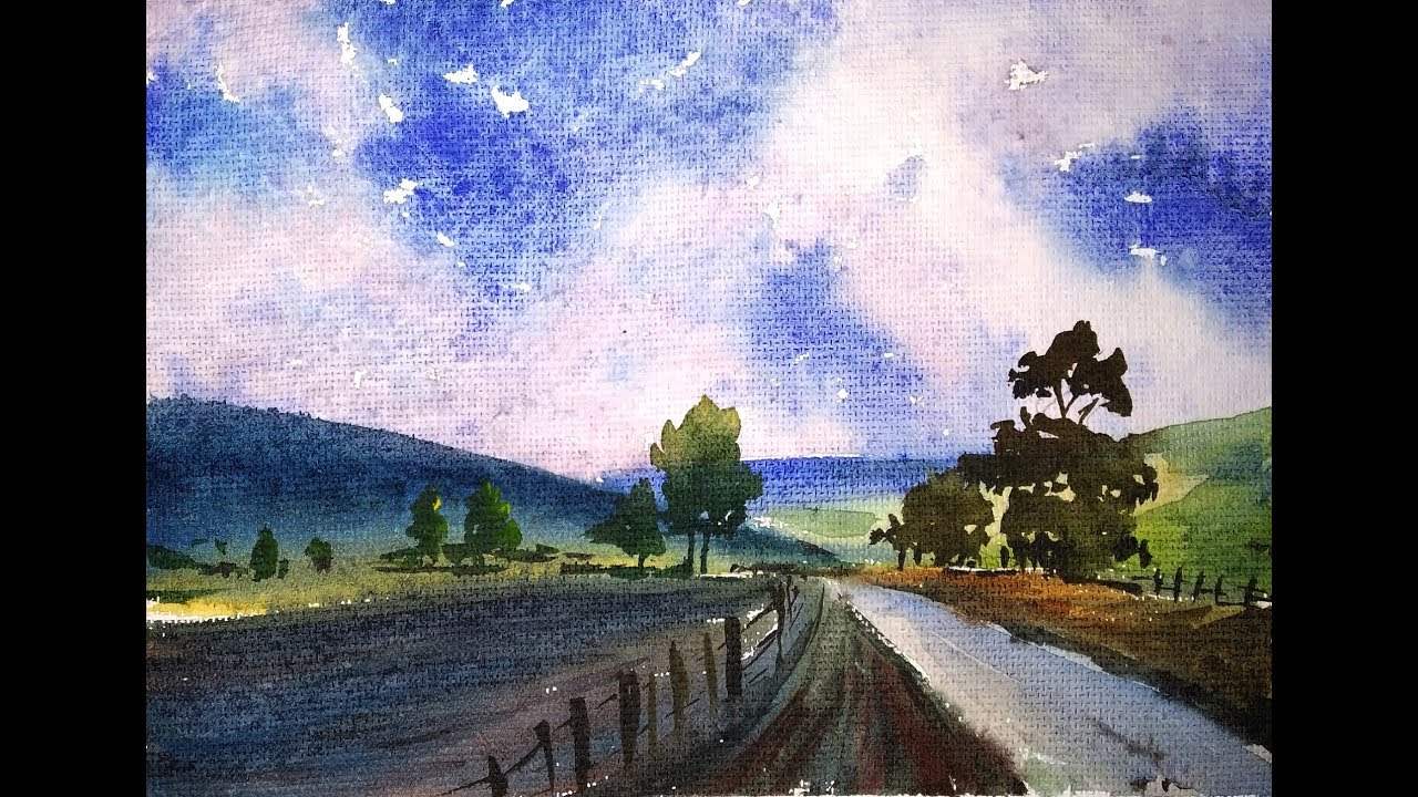 Watercolor Painting of a Landscape | Road through trees and mounatin ...