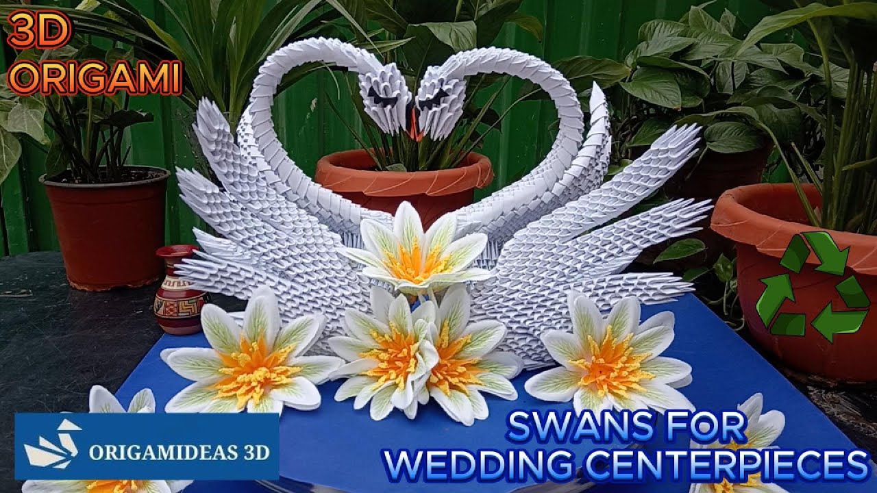 Swans for Wedding Centerpieces in 3D Origami - reusable paper | Cisnes para centro de mesa de ...