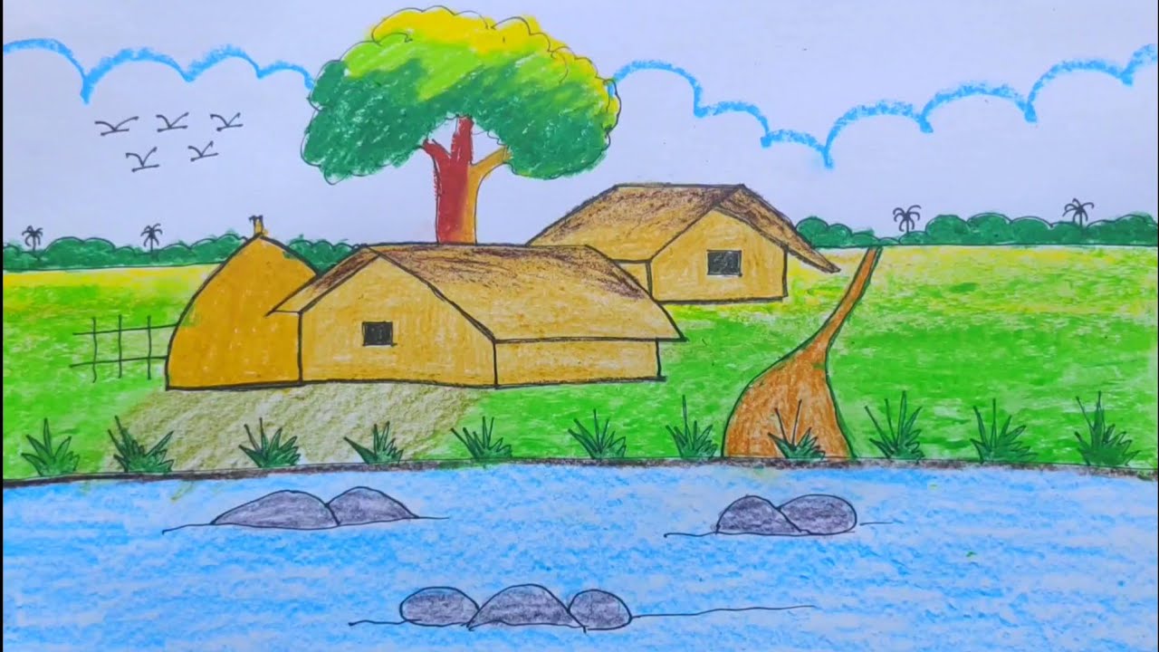 Simple Rural Landscape Drawing With Oil Pastels And Pencil Colours ...