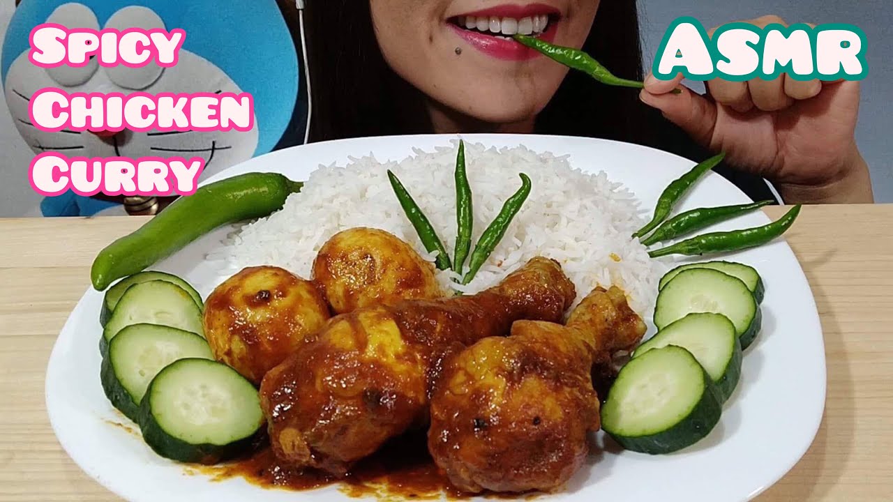 ASMR Indian Food Spicy Chicken Curry With Rice Eating Sounds - YouTube