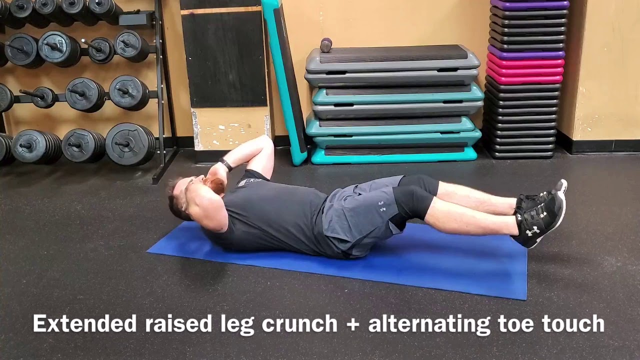 Extended raised leg crunch + alternating toe touch - YouTube