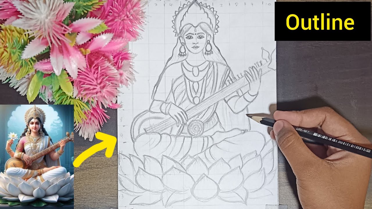 How to draw Saraswati Mata || Saraswati maa outline drawing easily step ...