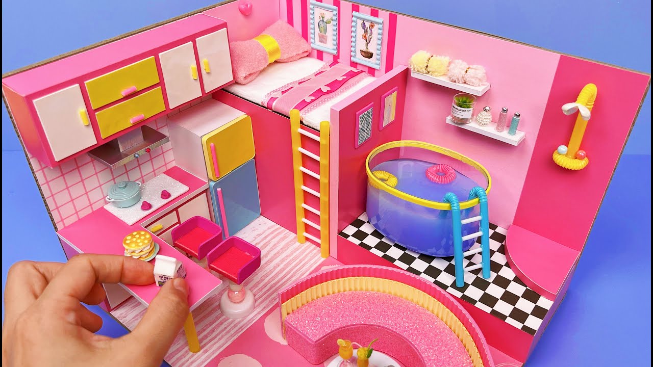 DIY Miniature Cardboard House18:Bathroom with a pool, kitchen with ...