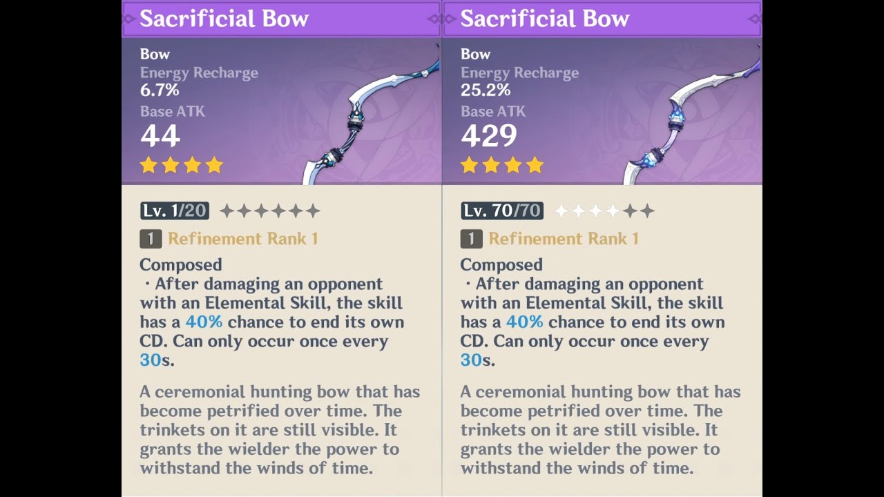 Sacrificial Bow weapon appearance base vs. ascended in Genshin Impact ...